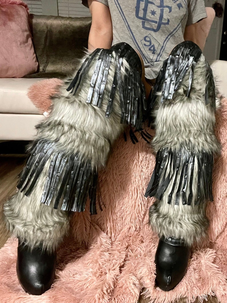 Vanity Legwear Valkyrie Fur Leg Warmer With Patent Leather Fringe - Etsy