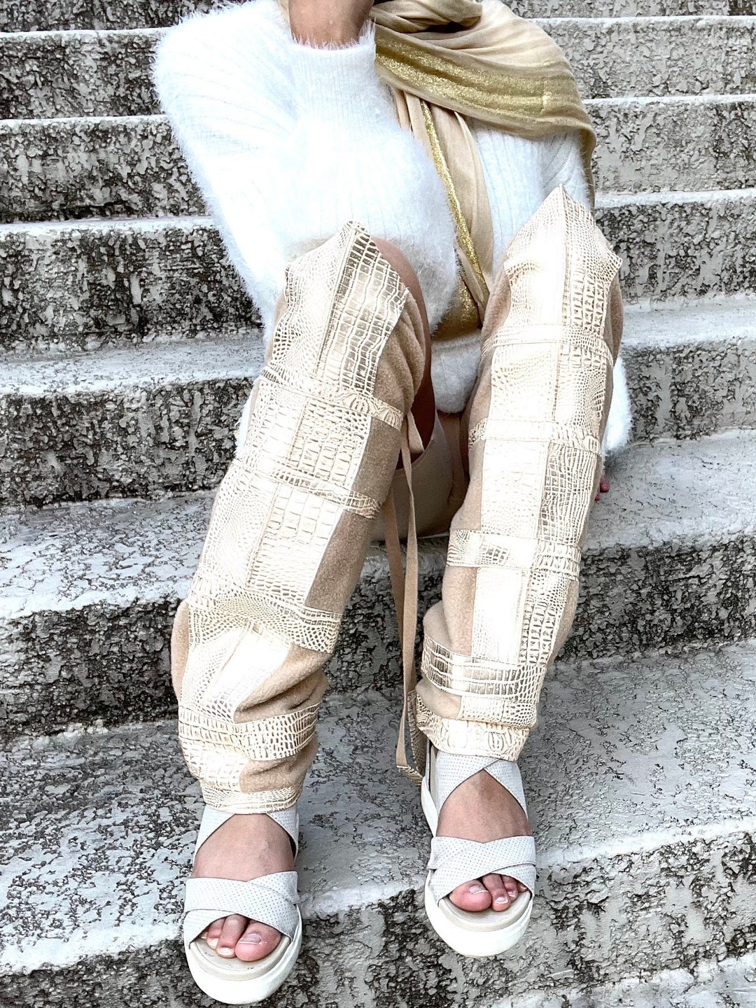 Vanity Legwear Amora Tan Fleece Leg Warmer With Cream and Gold Foil ...