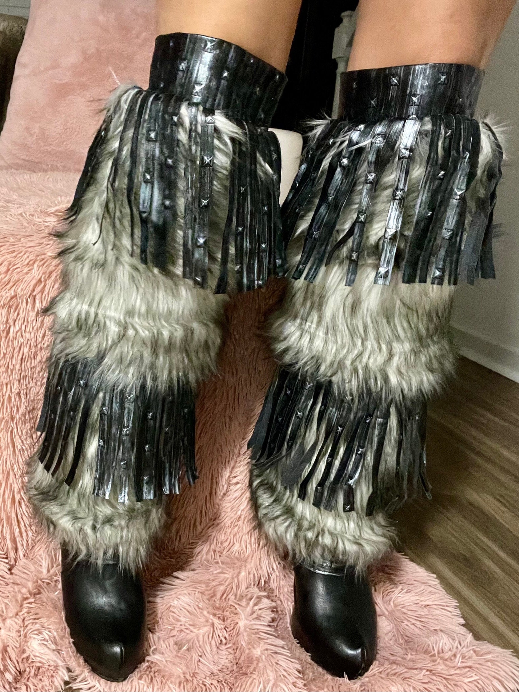 Vanity Legwear Valkyrie Fur Leg Warmer With Patent Leather Fringe - Etsy