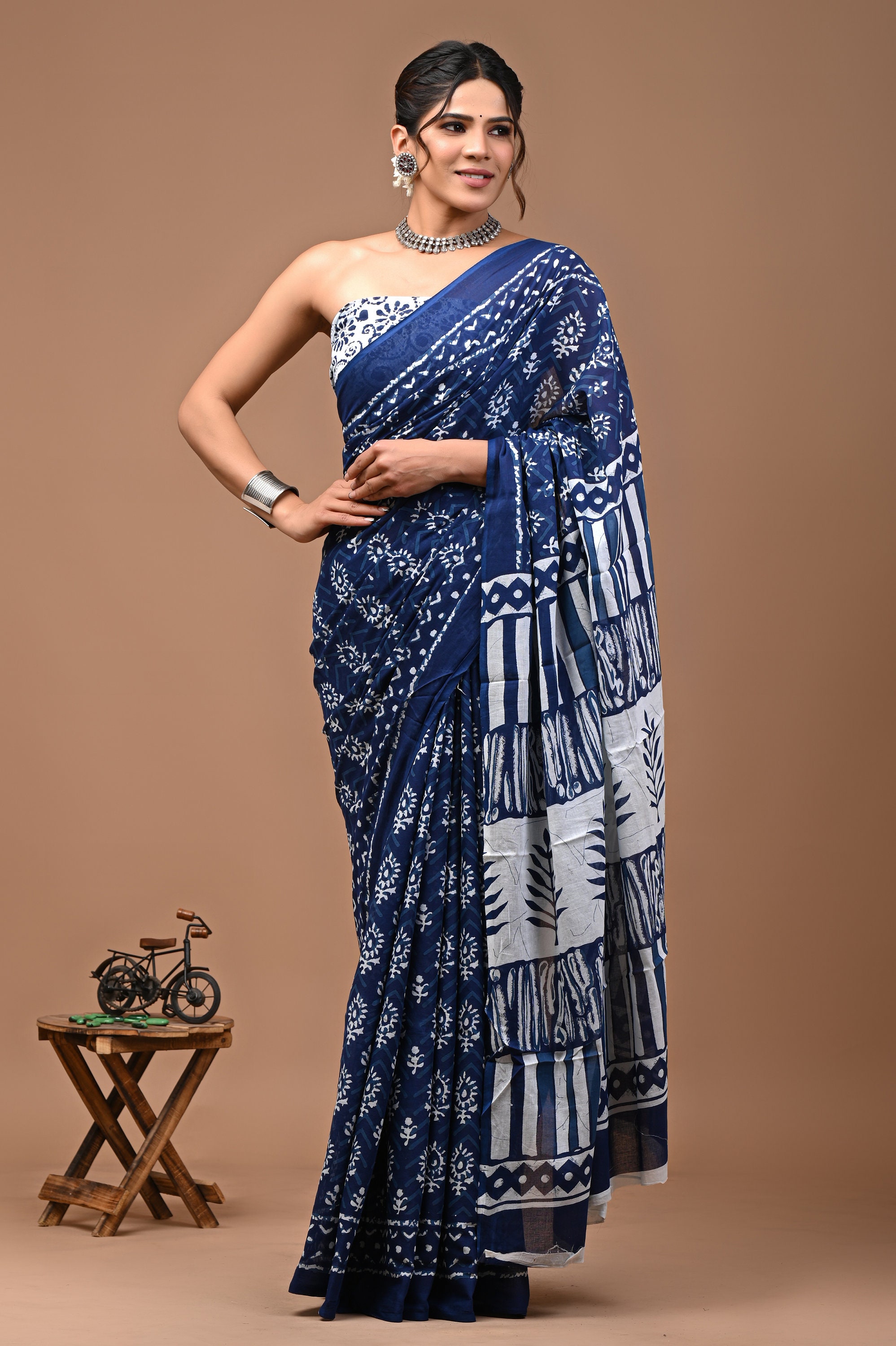 Crafts Moda Blue Cotton Saree for Women Hand Block Bagru Print Floral ...
