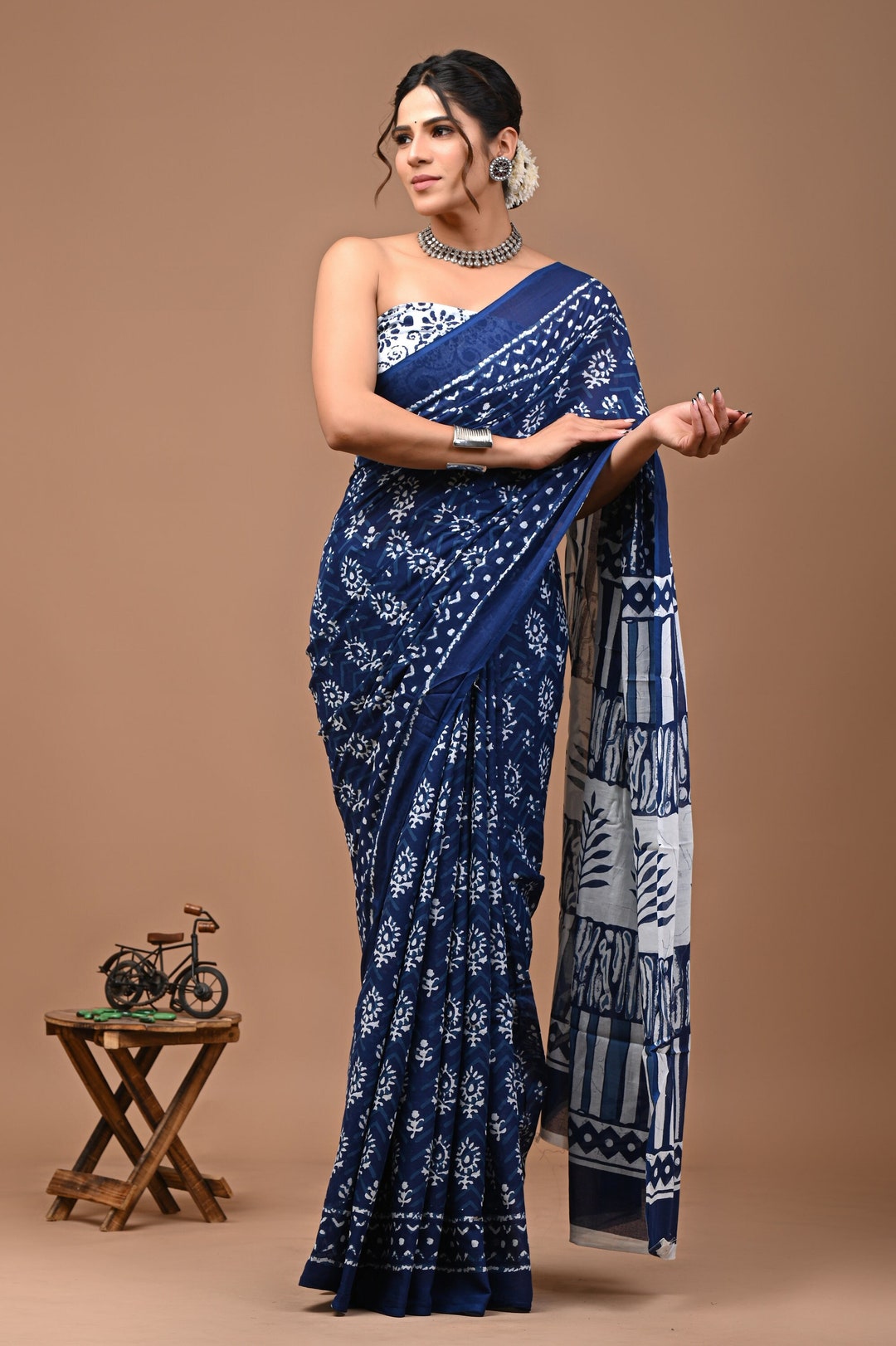 Crafts Moda Blue Cotton Saree for Women, Hand Block Bagru Floral Print ...
