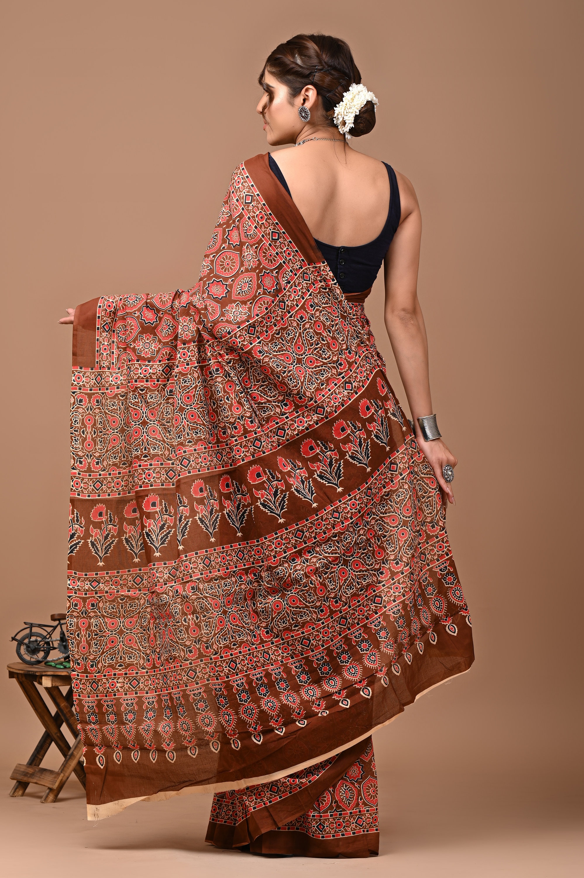 Hand Block Printed Ajrakh Print Cotton Saree With Unstitched Blouse ...