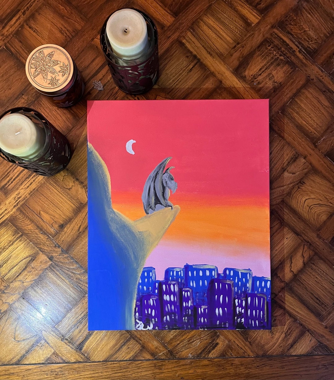 Gargoyle Over City Acrylic Painting | 16 X 20 Canvas With Gargoyle ...