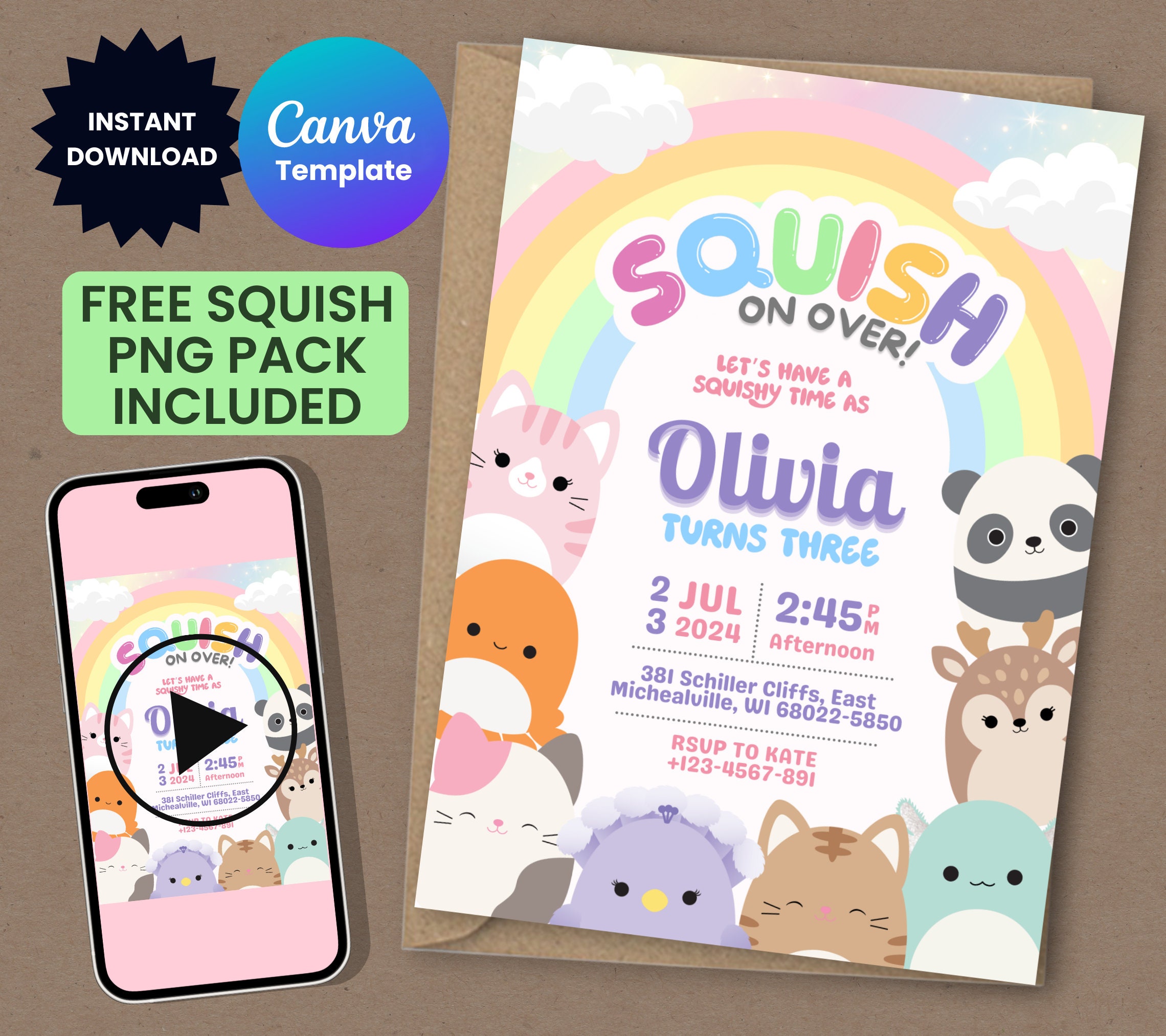 Editable Squishmallow Birthday Invitation, Girl Birthday Invite, Squish ...