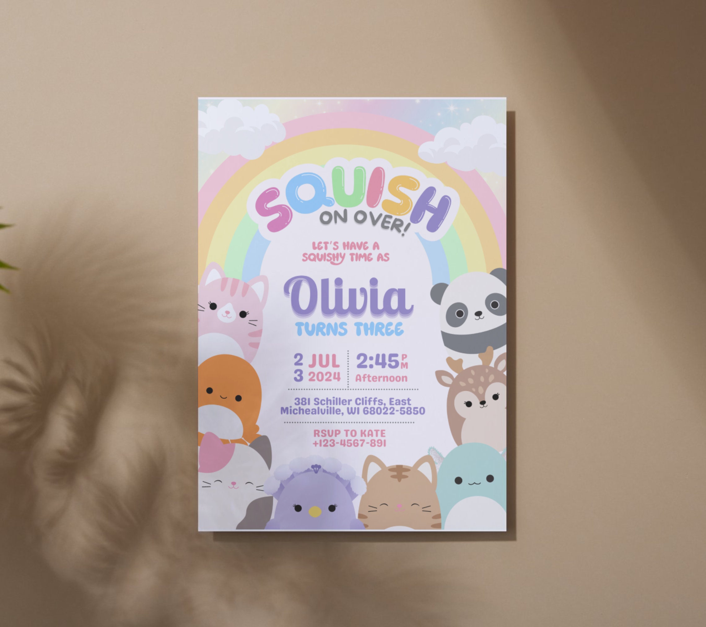 Editable Squishmallow Birthday Invitation, Girl Birthday Invite, Squish ...