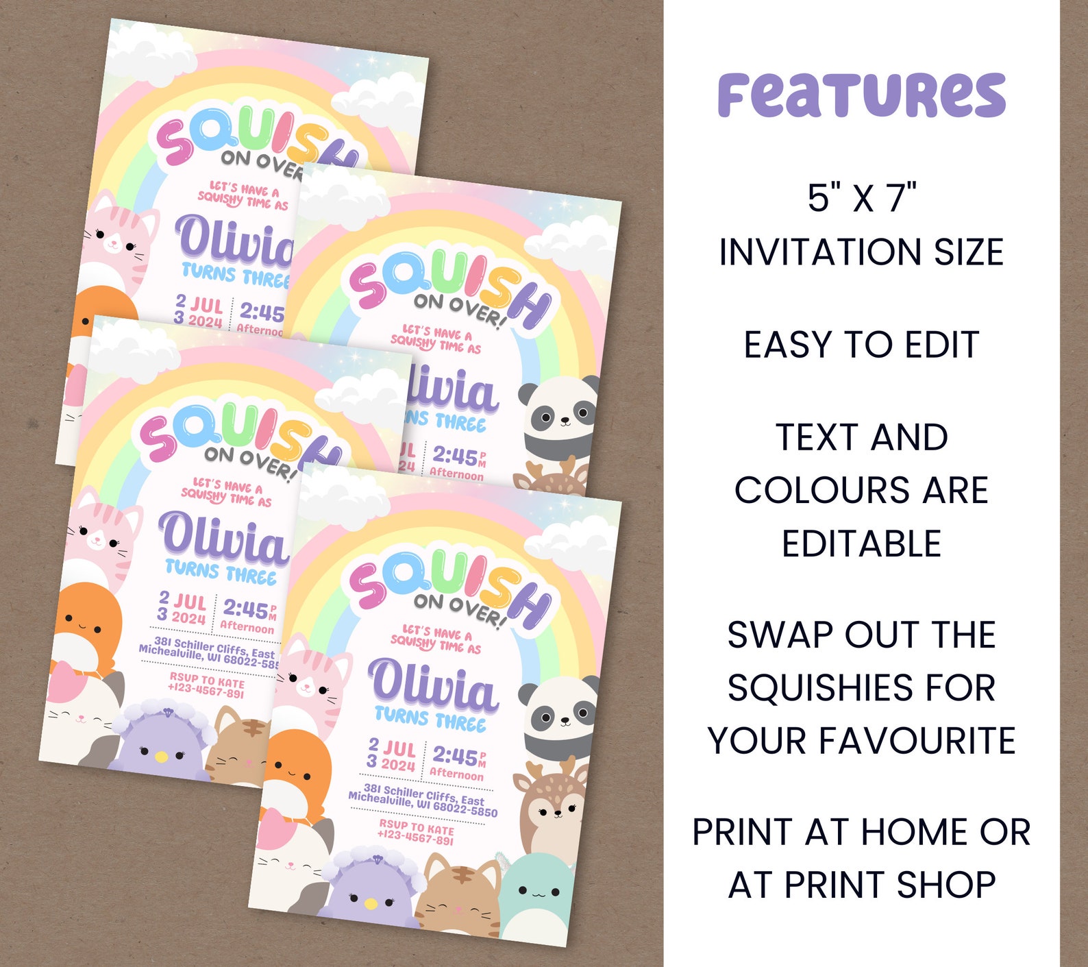 Editable Squishmallow Birthday Invitation, Girl Birthday Invite, Squish ...