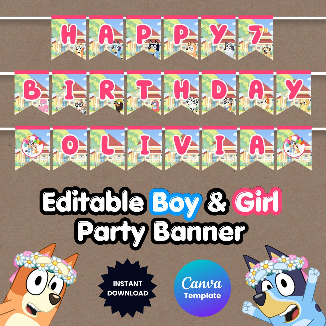 Editable Bluey Birthday Party Banner, Bluey Party Flags, Bluey Girl ...