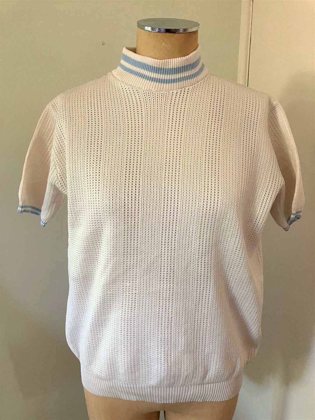 1960 Vintage White Knit Top With Blue Trim - Etsy