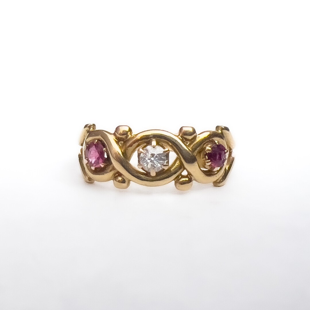 Vintage Natural Diamond Ruby Trilogy Ring British Hallmarks 18K Yellow ...