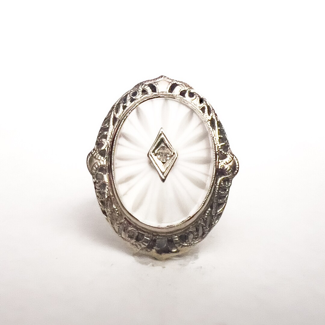 Vintage Art Deco Era Camphor Glass Diamond Ring 14K White Gold Rock ...