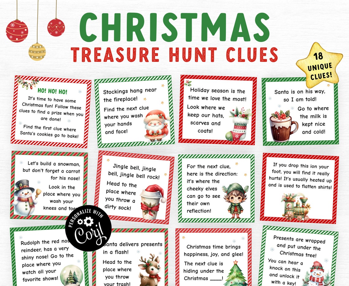 Christmas Treasure Hunt for Kids, Holiday Treasure Hunt Clues, Winter ...