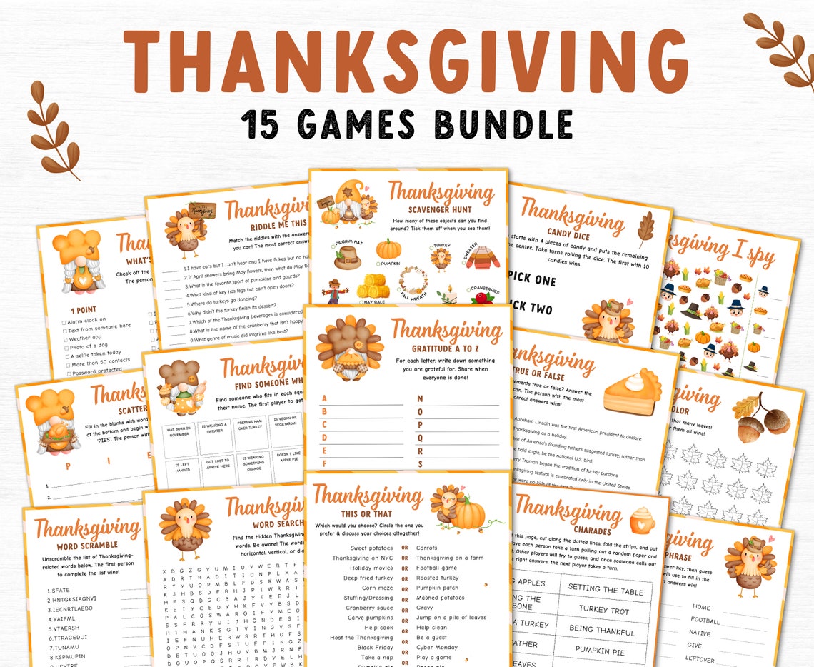 15 Thanksgiving Games Bundle, Printable Thanksgiving Party Games, Fall ...