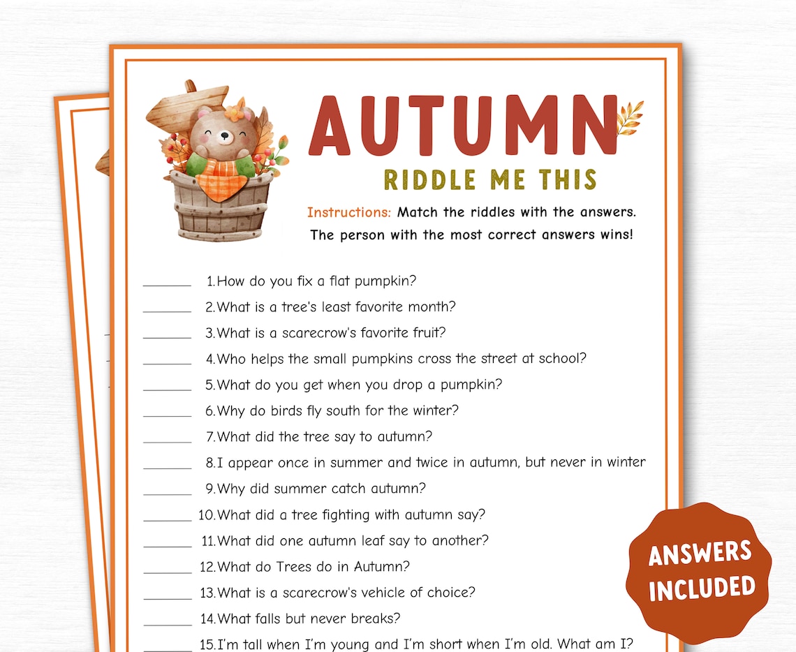 Autumn Riddle Me This Printable Game, Family Fall Game Printable, Autumn Activity, Fall Activity ...