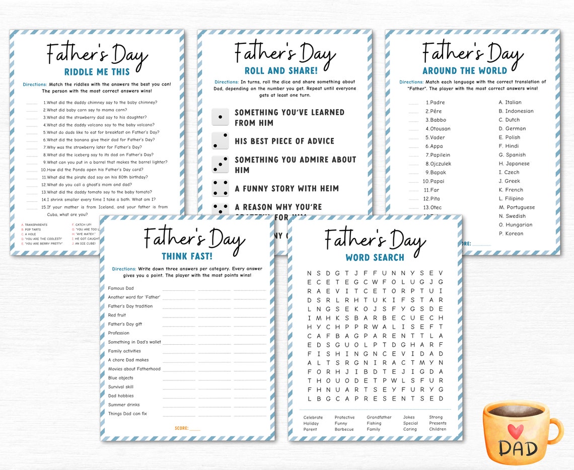 15 Printable Fathers Day Game Bundle, Fathers Day Games for Kids and ...
