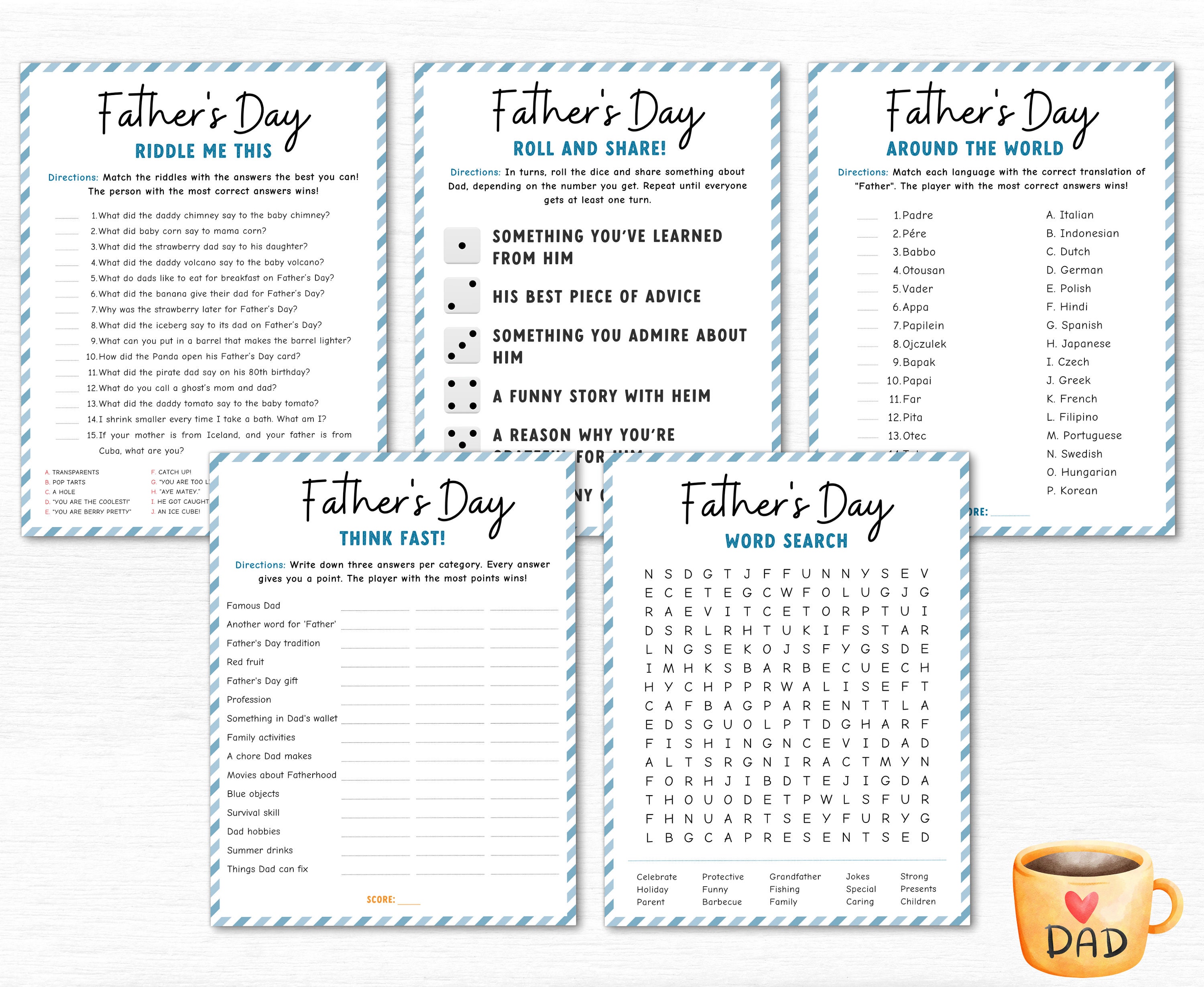 15 Printable Fathers Day Game Bundle, Fathers Day Games for Kids and ...