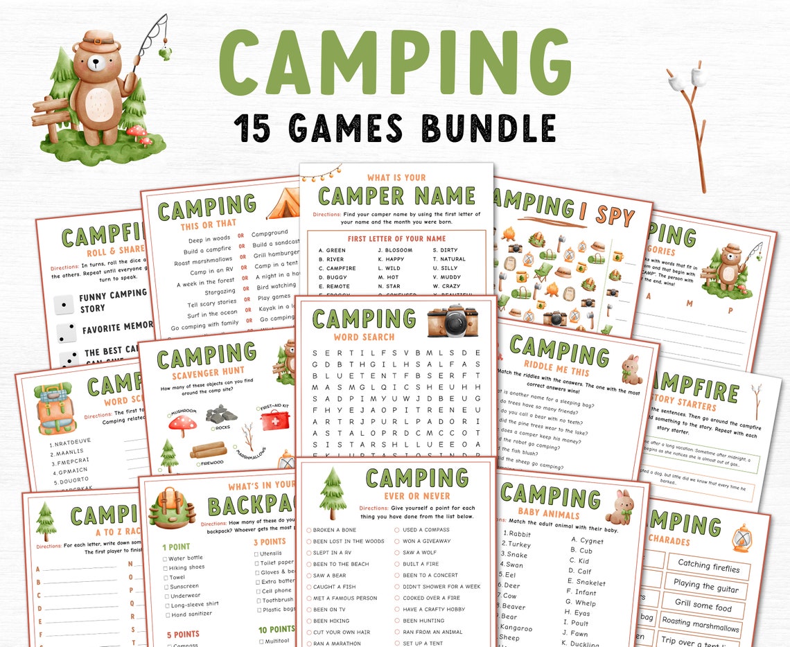 Camping Games Printable Bundle, Printable Camping Game for Kids and ...
