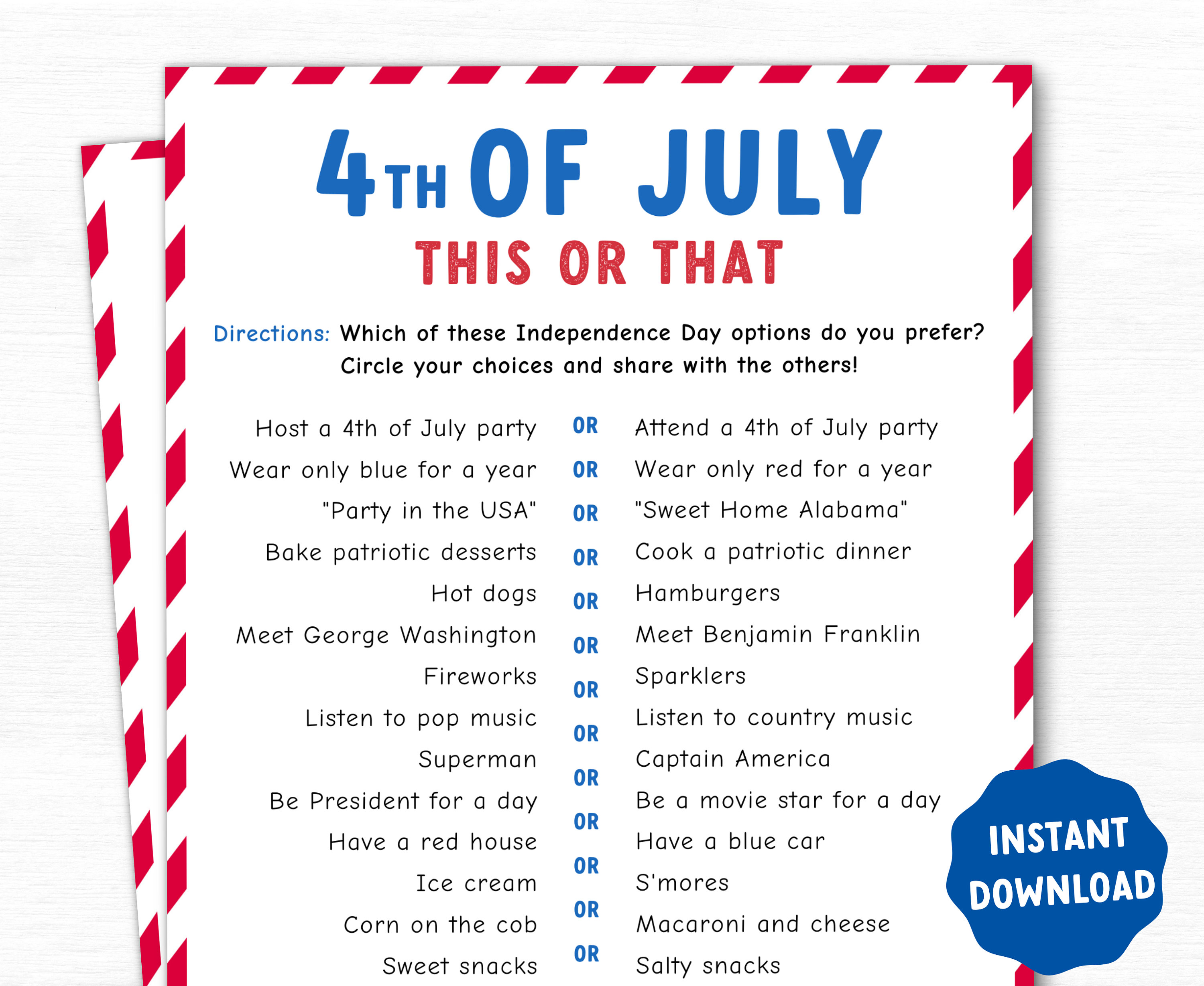 Fourth of July This or That Printable Game, 4th of July Would You ...