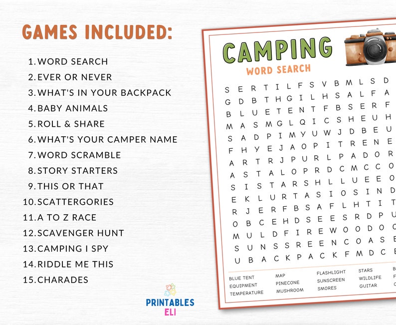 Camping Games Printable Bundle, Printable Camping Game for Kids and ...