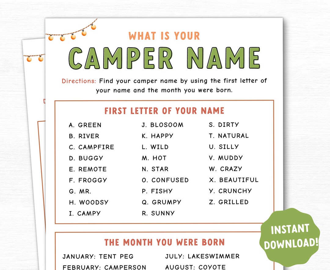 What's Your Camping Name Game, Family Activity, Camping Birthday ...