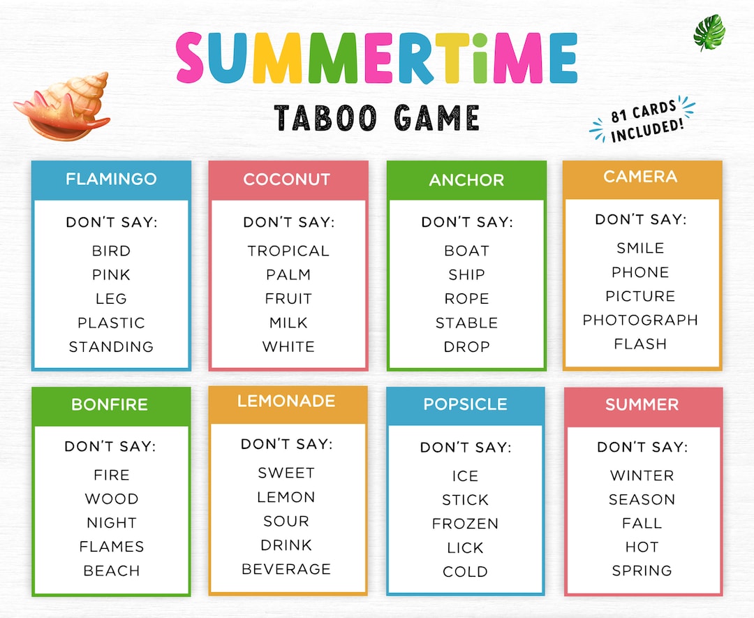 Summer Taboo Game, Summertime Game, Printable Family Game, Summer ...