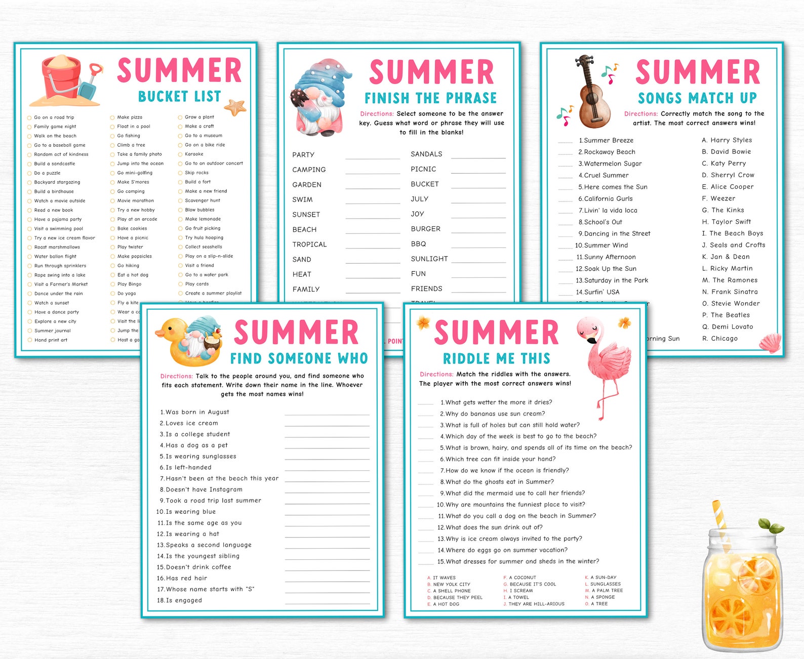 Summer Game Bundle, Printable Summer Game for Kids and Adults ...