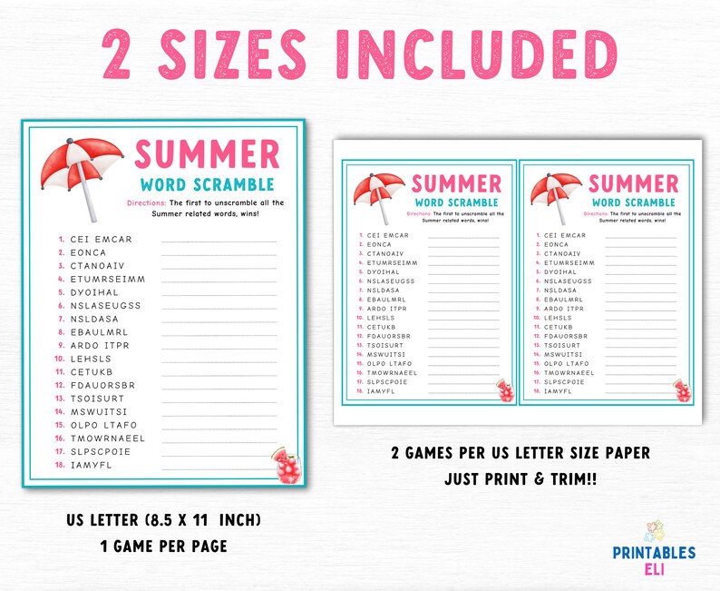 Summer Word Scramble Printable Game, Summertime Game, Printable Family ...