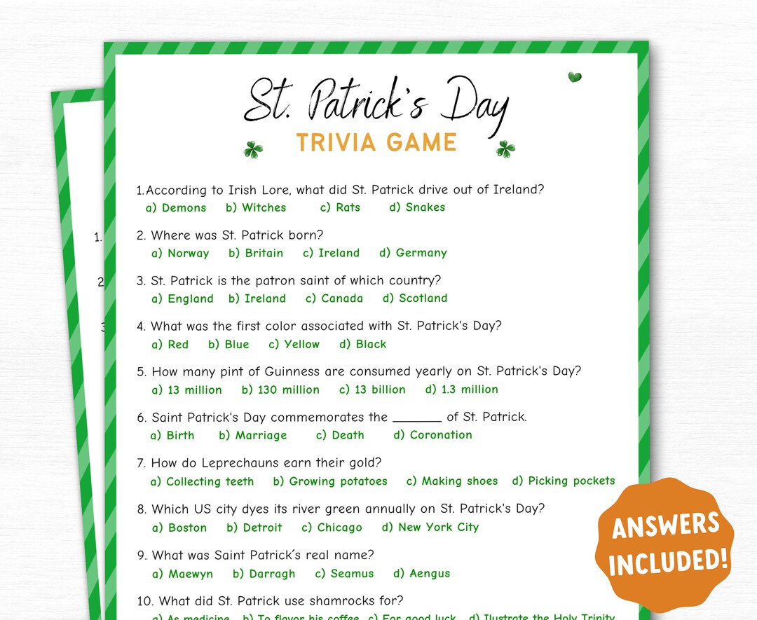 St. Patricks Day Trivia Game, Printable St. Patrick's Day Family Game ...