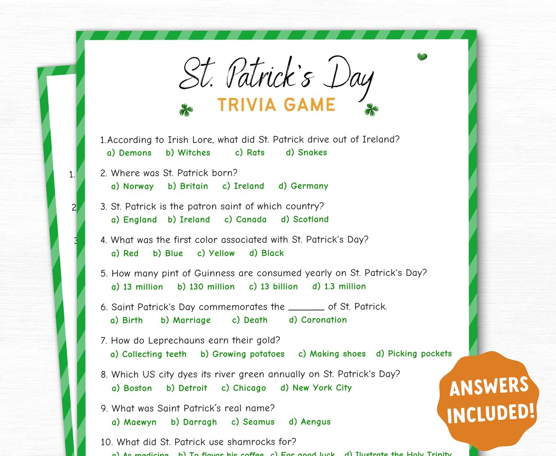 St. Patricks Day Trivia Game, Printable St. Patrick's Day Family Game ...