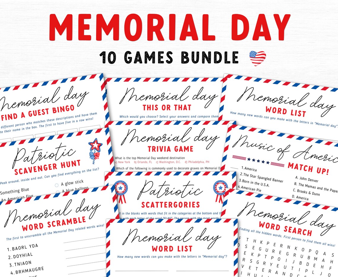 10 Memorial Day Games Bundle, Memorial Day Games for Kids and Adults ...