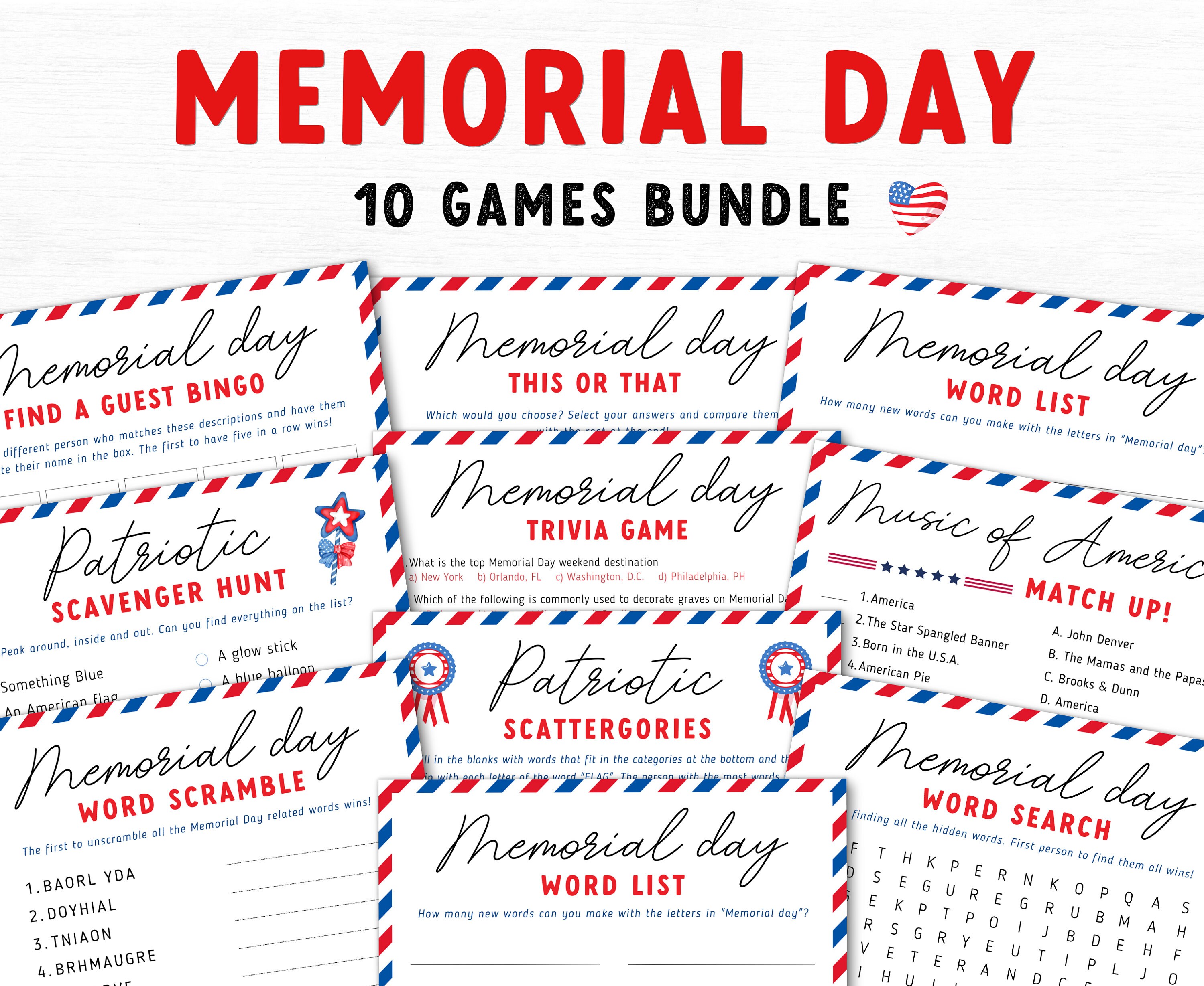 10 Memorial Day Games Bundle, Memorial Day Games for Kids and Adults ...