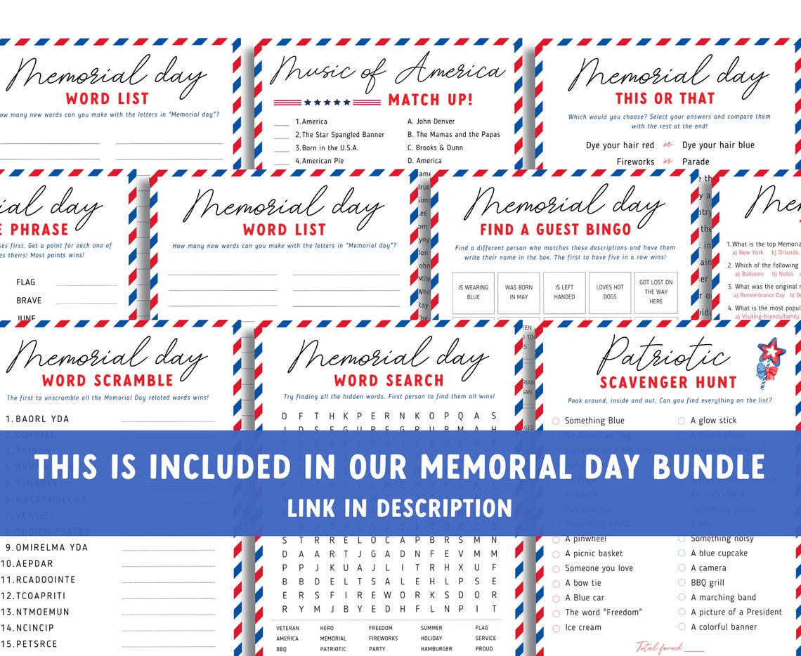 Printable Memorial Day Scavenger Hunt Game, Memorial Day Game for Kids ...