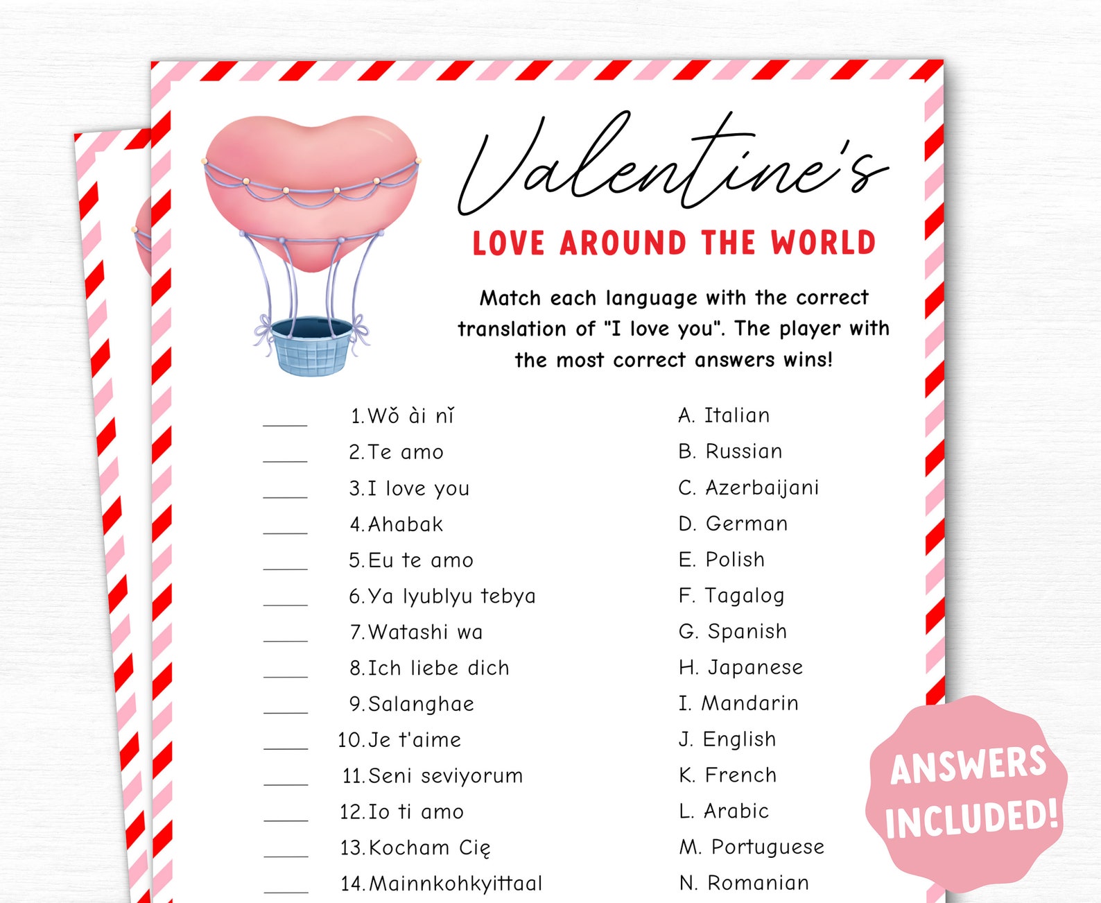 Valentines Day Love Around the World Printable Game, Printable ...