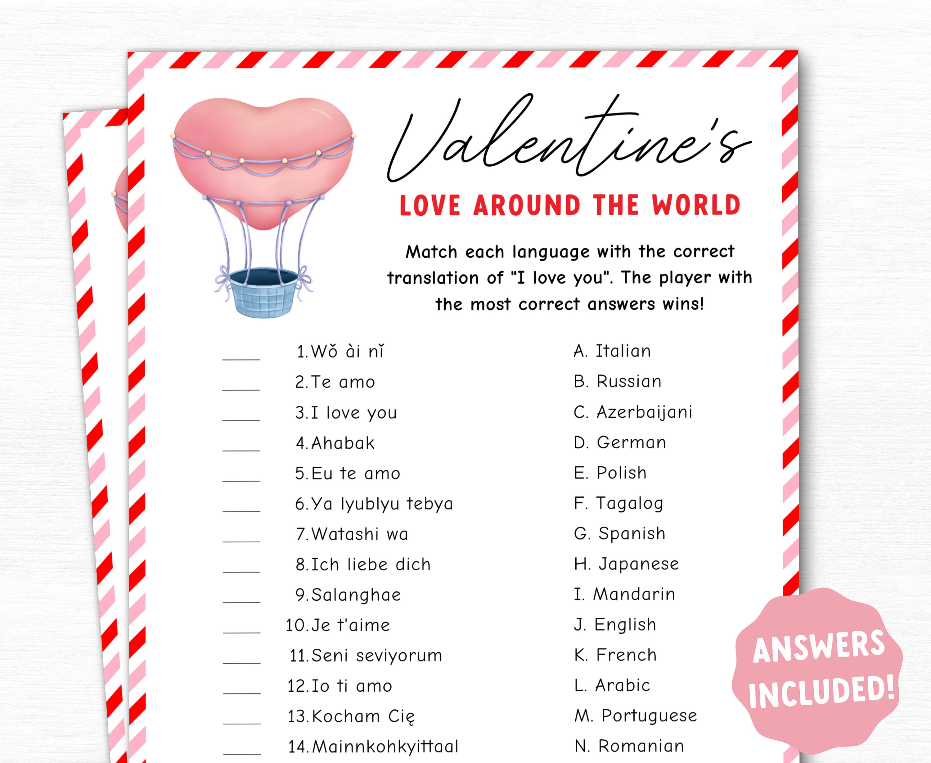 Valentines Day Love Around the World Printable Game, Printable ...
