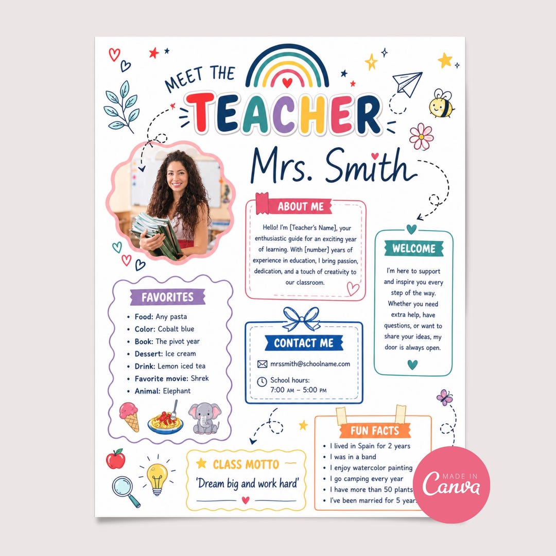 Editable Meet the Teacher Template Canva | Back to School Teacher ...