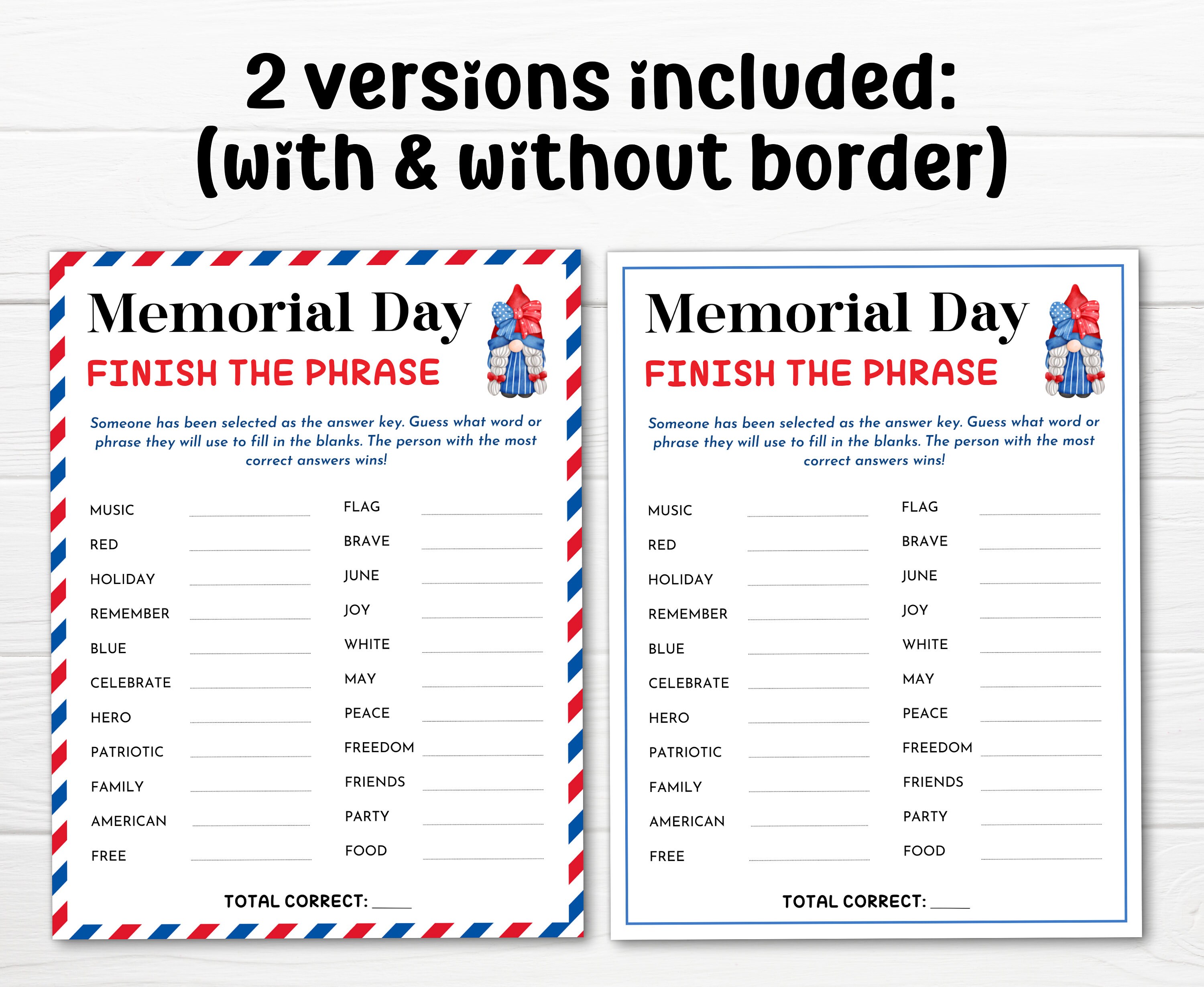 Printable Memorial Day Finish the Phrase Game, Memorial Day Game for ...