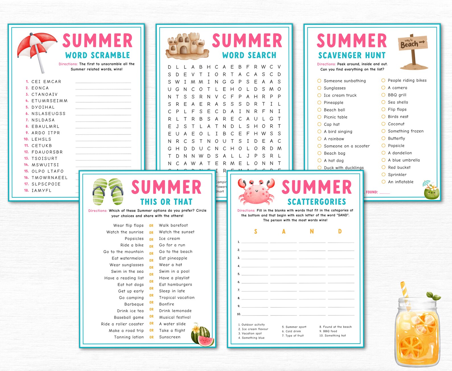 Summer Game Bundle, Printable Summer Game for Kids and Adults ...