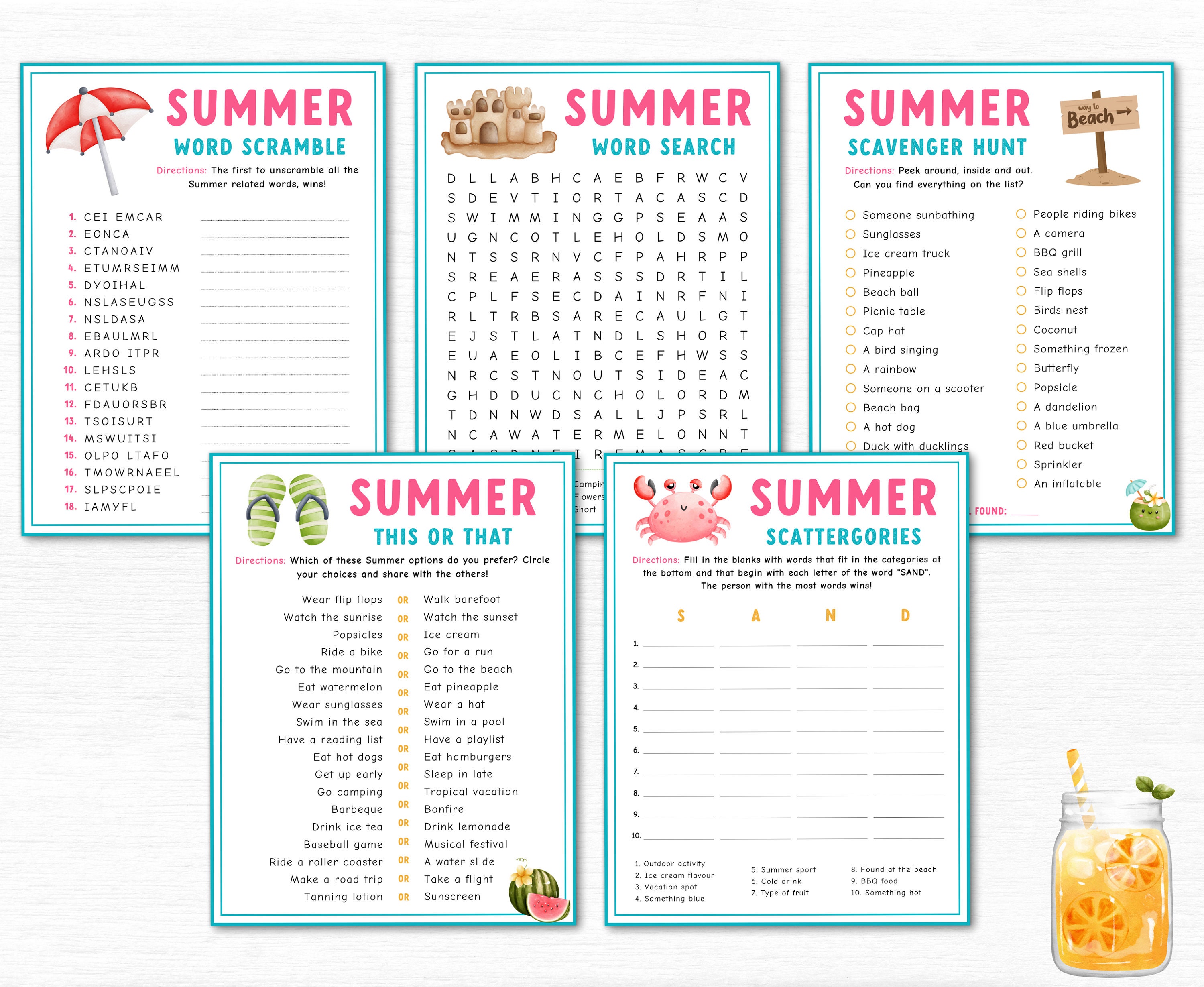 Summer Game Bundle, Printable Summer Game for Kids and Adults ...