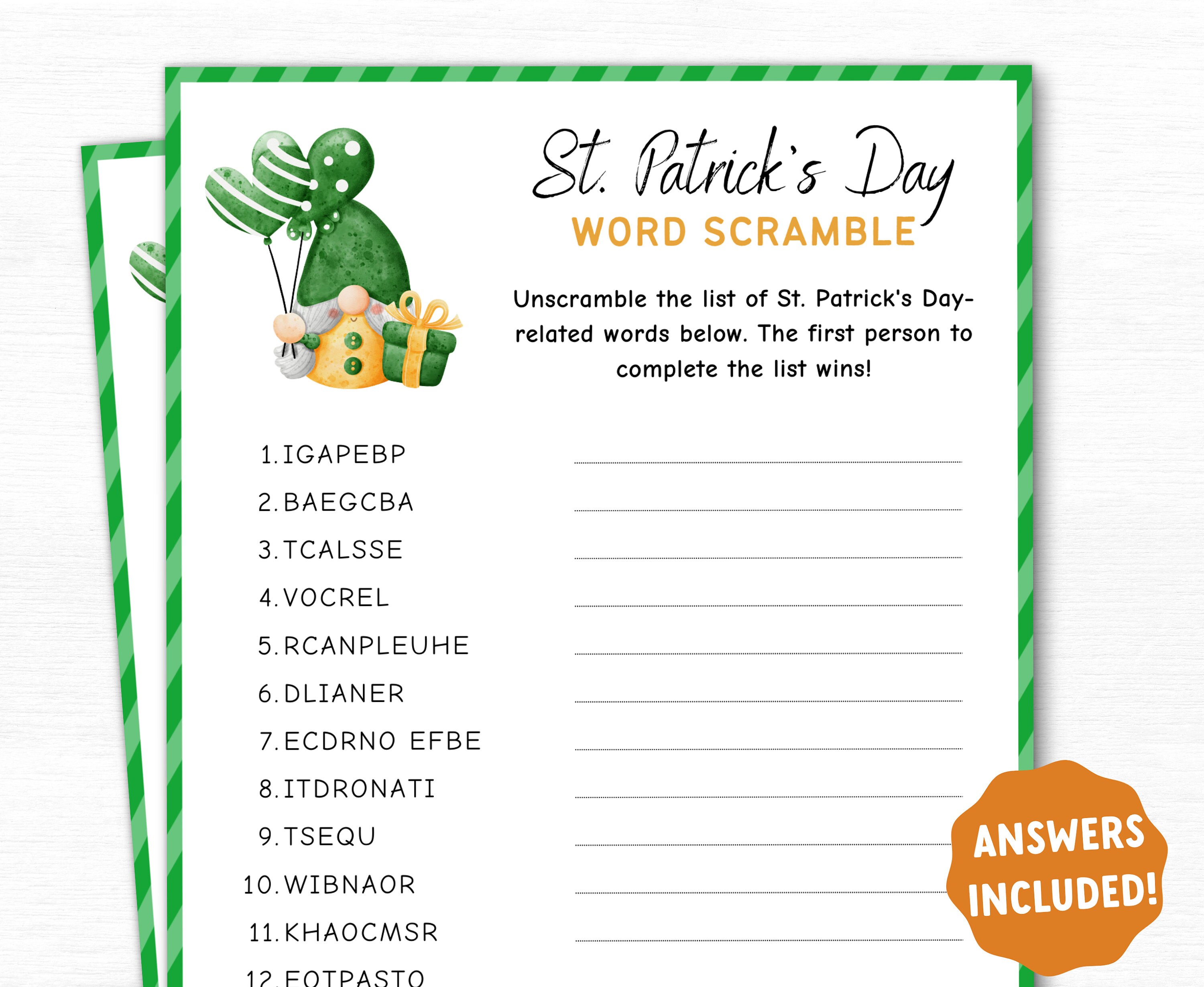 St. Patrick's Day Word Scramble Game, Printable Patrick's Day Party ...