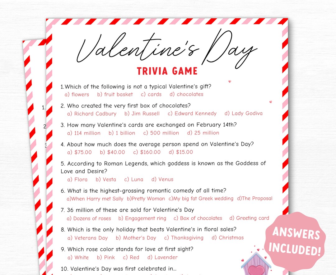 Valentines Day Trivia Game Adults, Printable Valentines Day Trivia ...