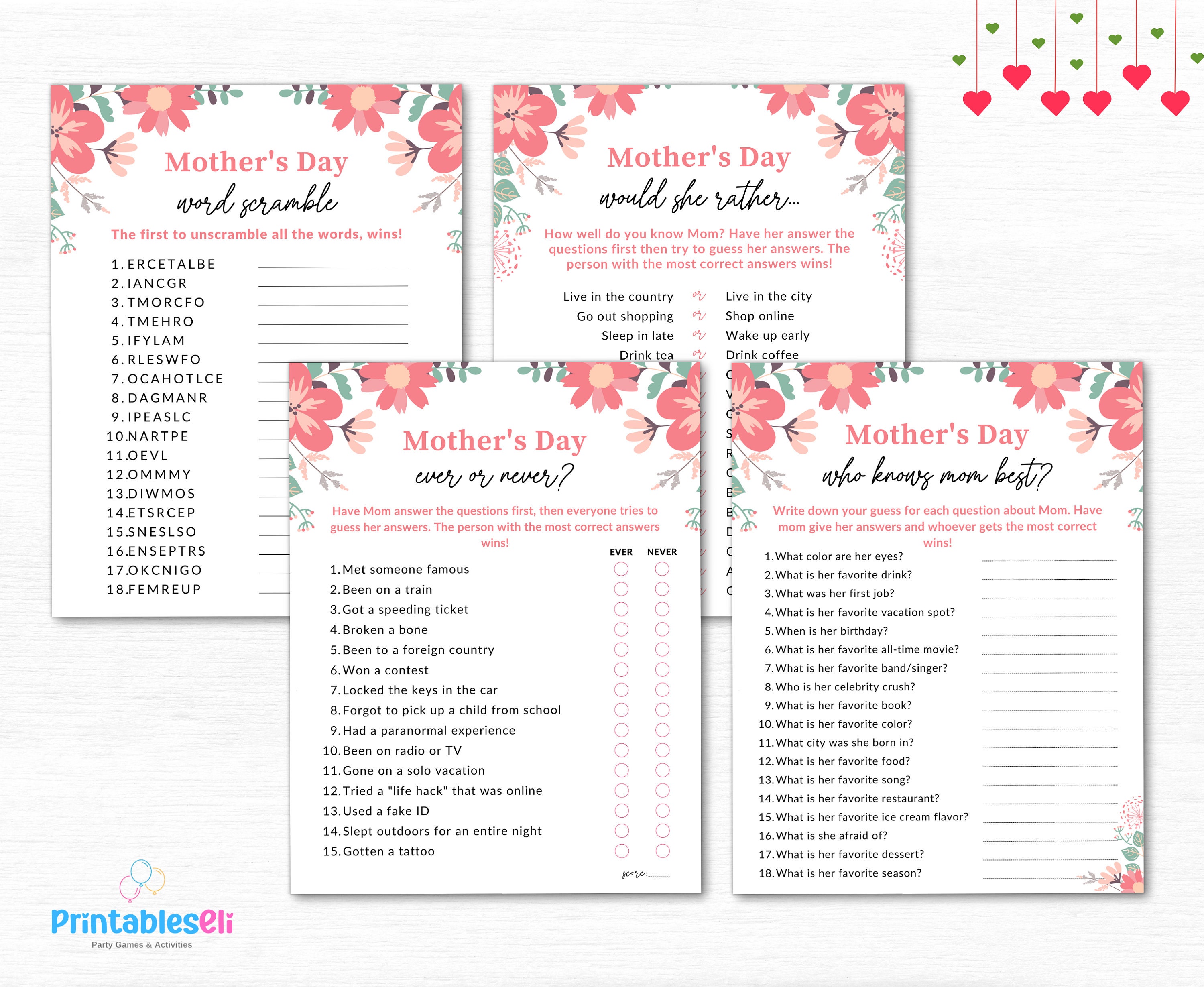 Printable Mother's Day Game Bundle, Printable Mothers Day Game for Kids ...