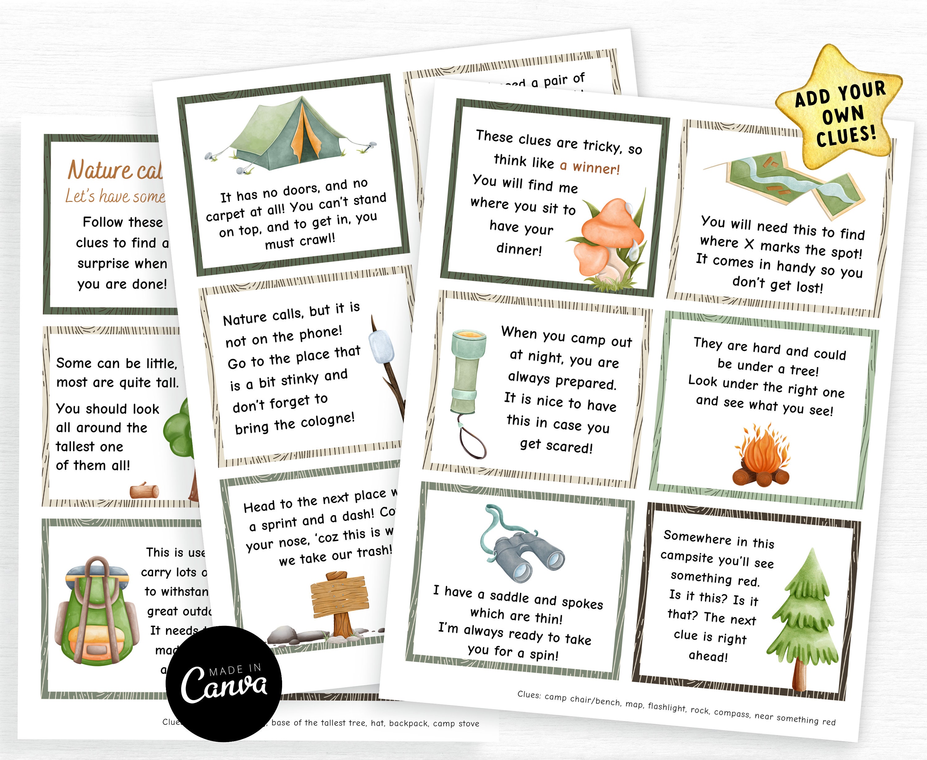Editable Camping Scavenger Hunt for Kids, Outdoor Treasure Hunt Clues ...