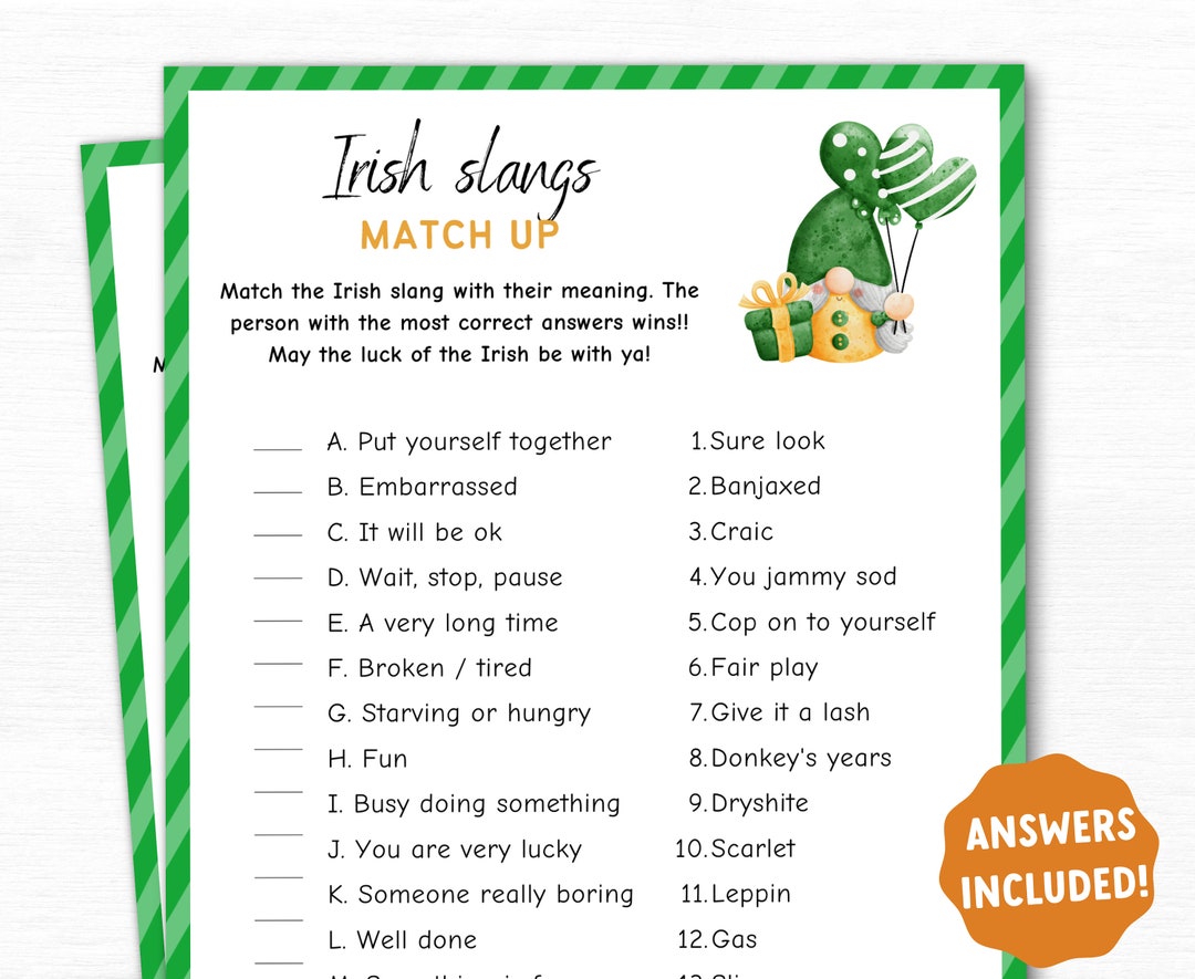 St. Patrick's Day Irish Slangs Game, Printable Patrick's Day Party Game ...