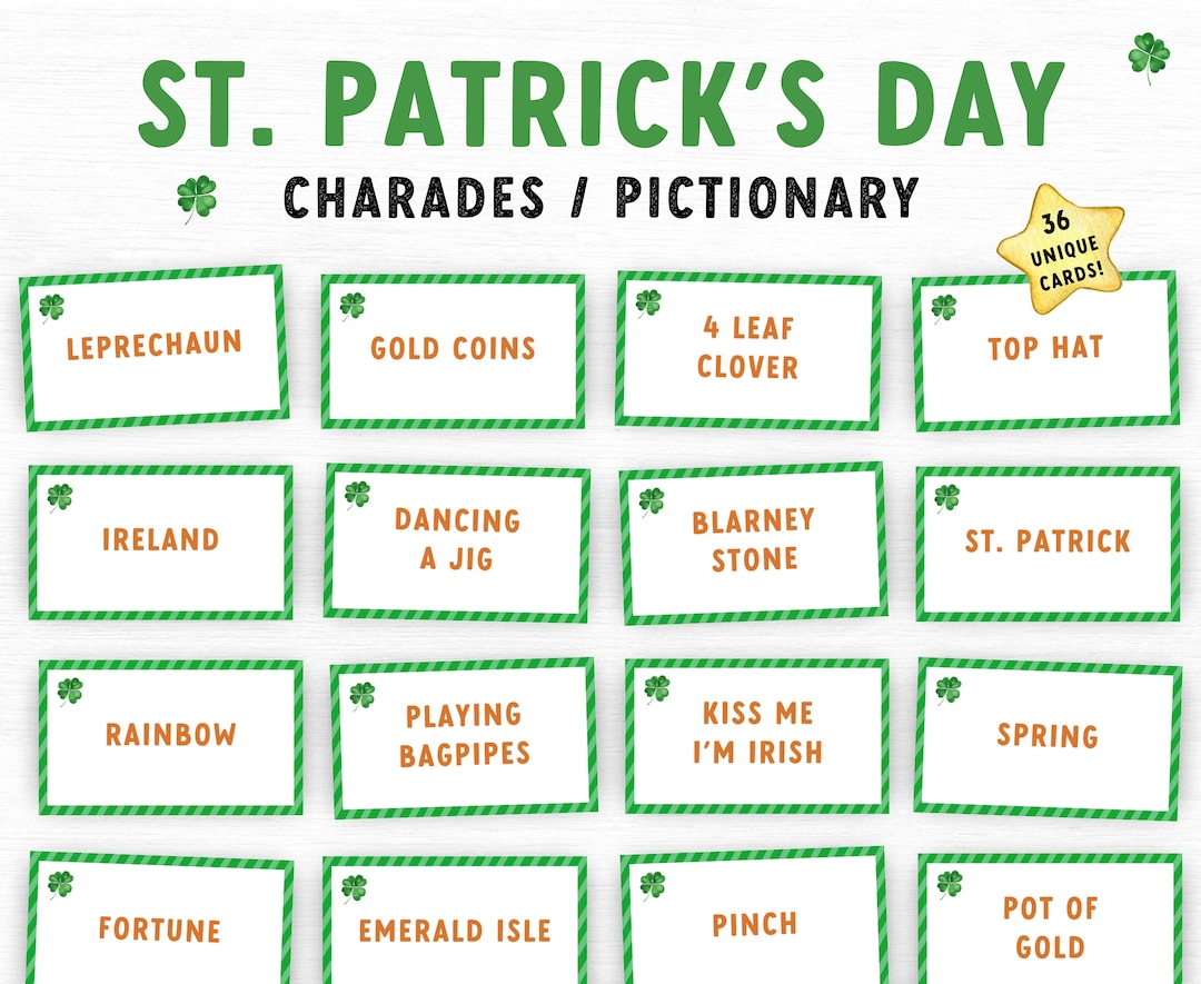 St. Patrick's Day Charades Game, Patrick's Day Pictionary, Draw It ...