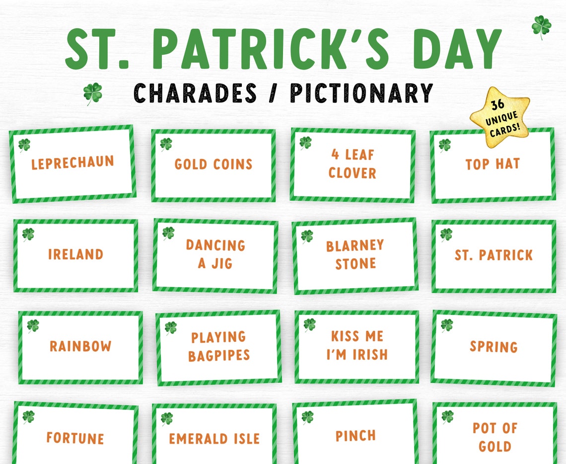St. Patrick's Day Charades Game, Patrick's Day Pictionary, Draw It ...