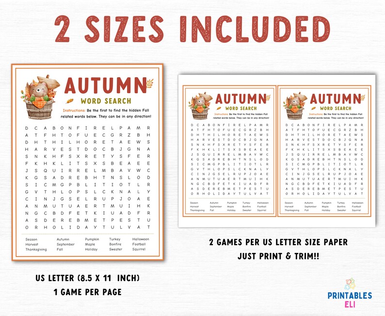 Fall Word Search Printable Game, Printable Autumn Party Game, Fall ...
