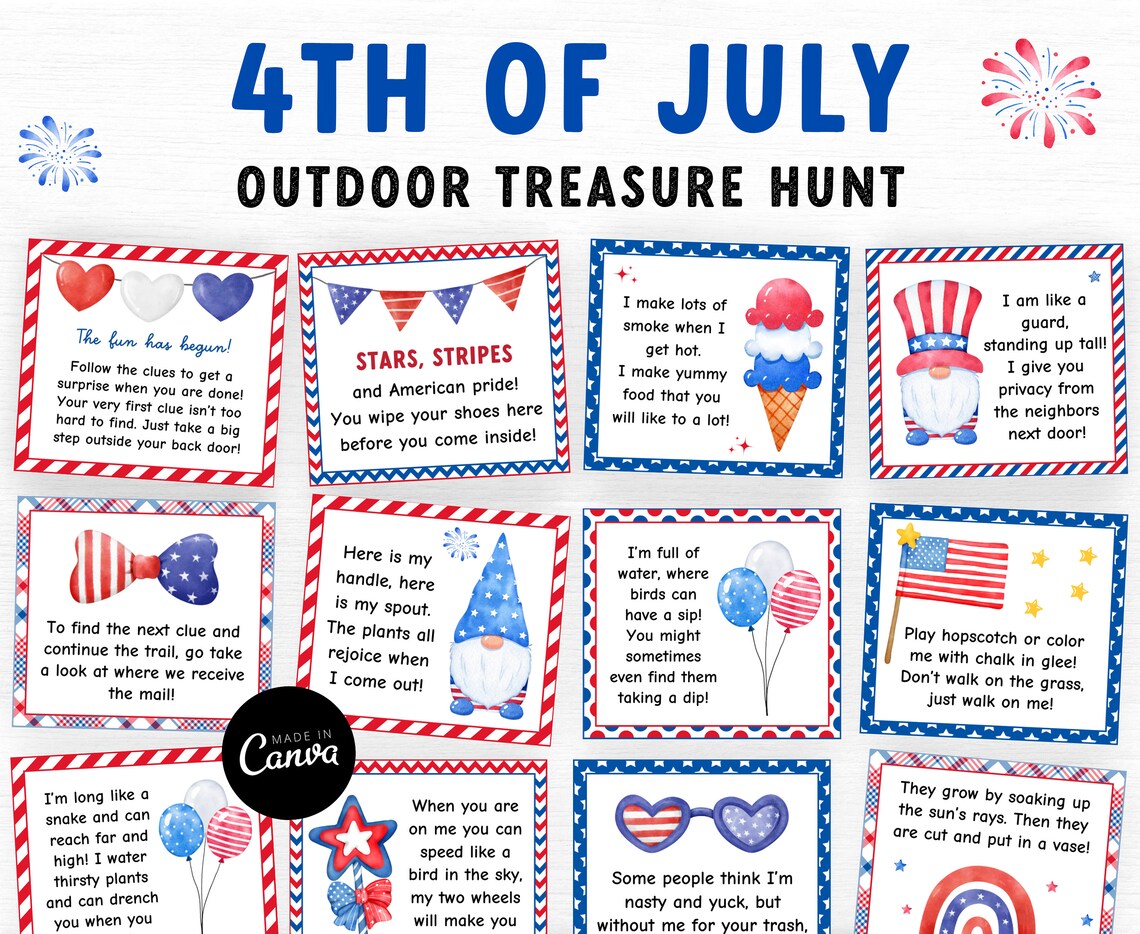 Outdoor Fourth of July Treasure Hunt Clues, Patriotic Scavenger Hunt ...