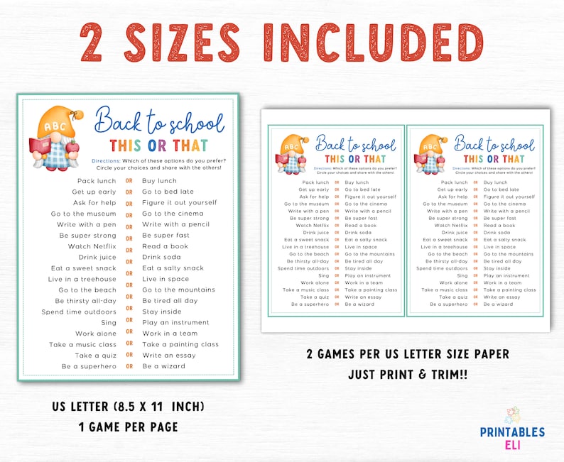 Back to School This or That Printable Game, Printable Back to School ...