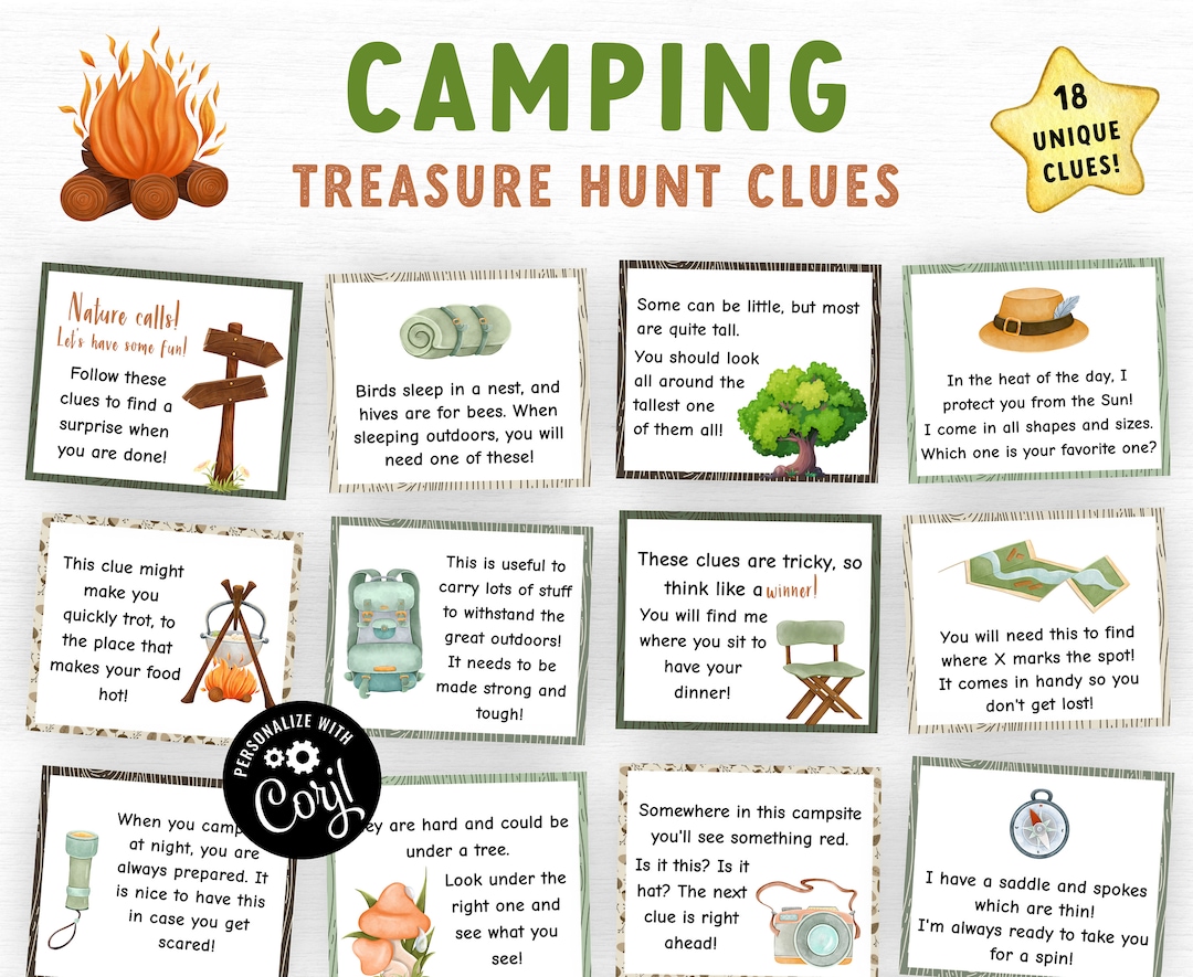 Editable Camping Scavenger Hunt for Kids, Outdoor Treasure Hunt Clues ...