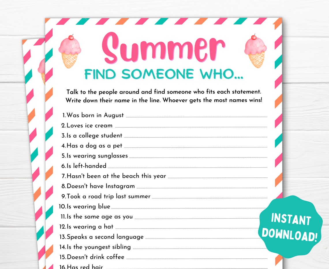Summer Find Someone Who Printable Game Family Summer Game - Etsy