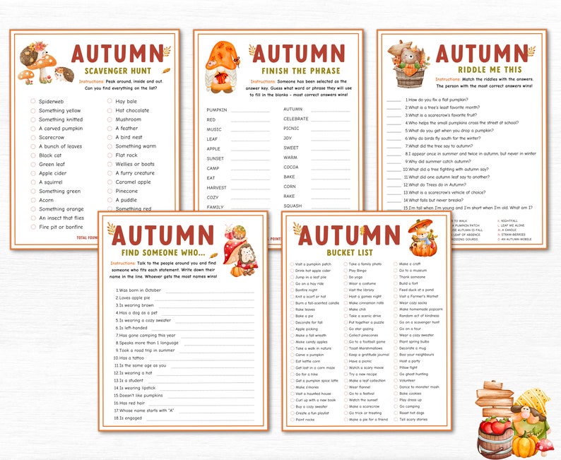 Autumn Games Bundle, Printable Fall Game for Kids and Adults, Autumn ...